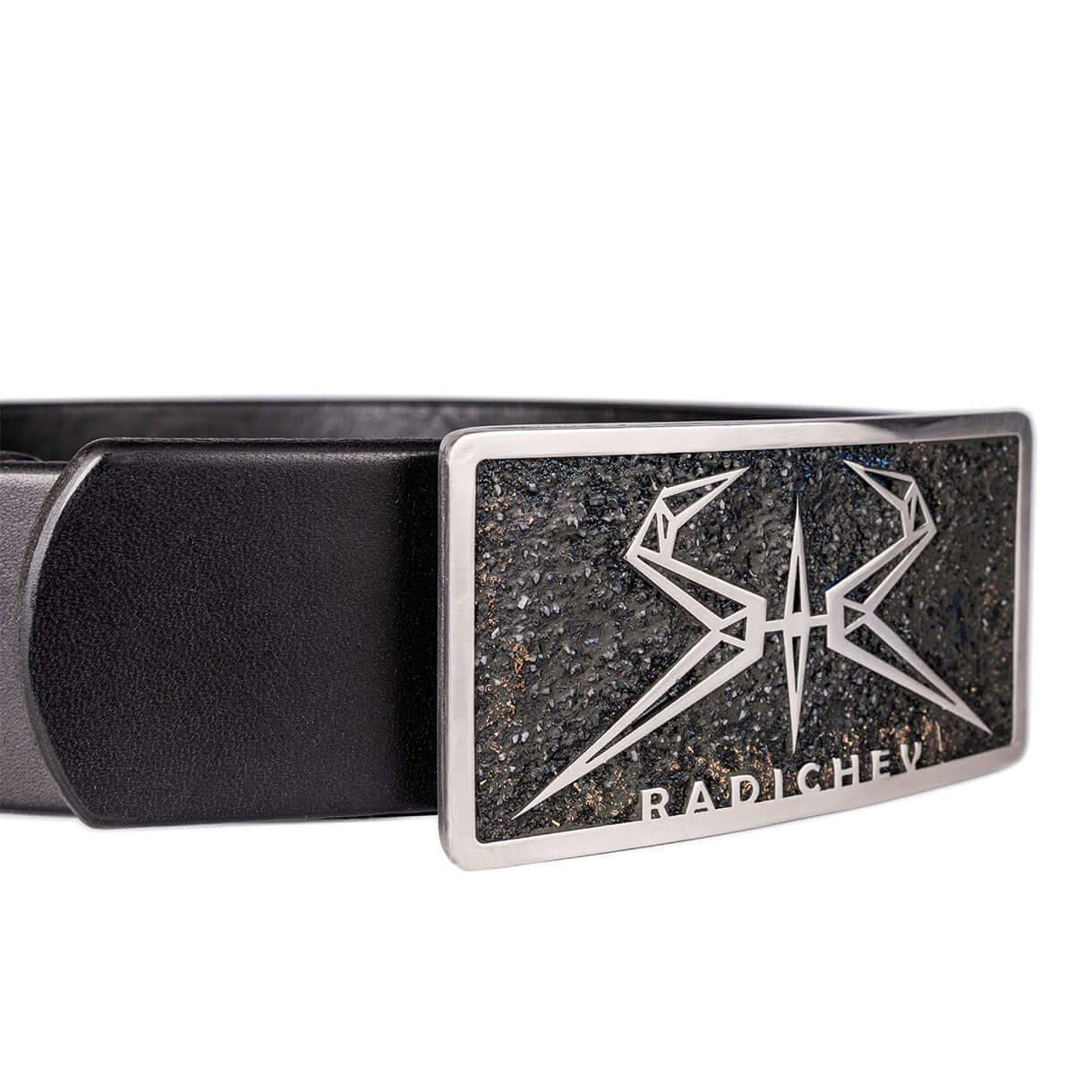 Стилен черен мъжки колан с лого RADICHEV I RADICHEV