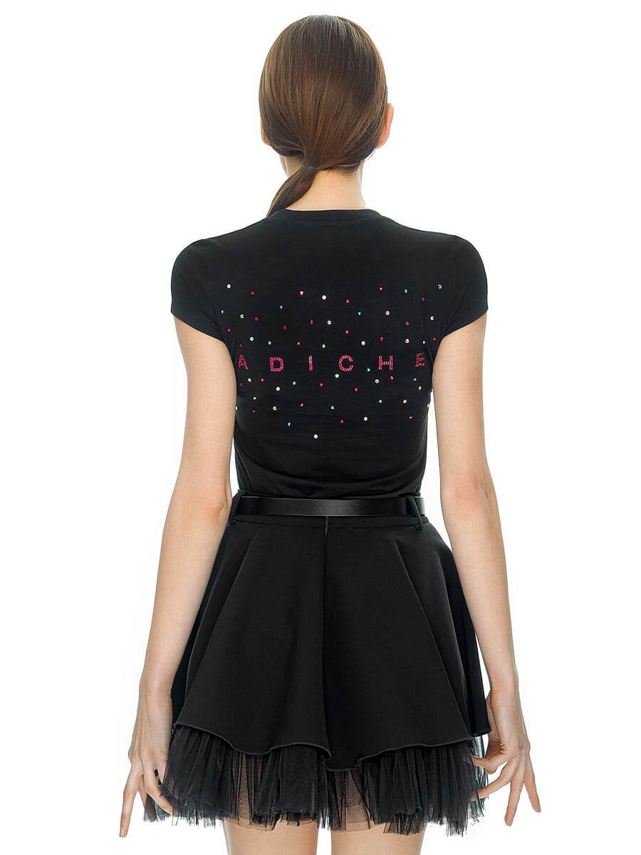 Черна тениска с цветен принт и камъни I RADICHEV