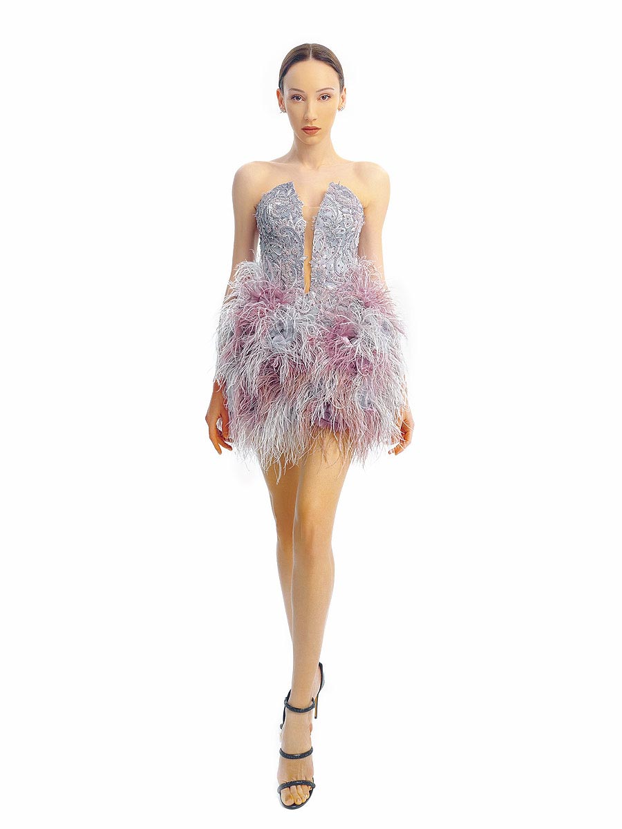 Short grey-purple dress with feathers I RADICHEV